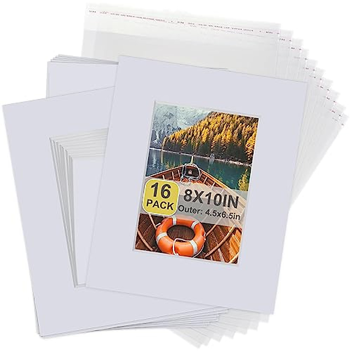 Acid Free 16 Pack 8 x 10 White Pre-Cut Picture Mat Board Show Kit for 5 x 7 Photos,Artworks,Prints,Includes 16Pcs Core Bevel Cut Matts & 16 Pcs Backing Board &16Pcs Clear Bags