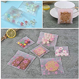 Self Adhesive Treat Bag 300Pcs 3 Different Patterns Self Adhesive Plastic Cookie Bags 100 Pcs Cherry Blossoms Bags, 100 Pcs Pink Rose Bags & 100 Pcs White Polka Dot Bags Gift DIY Plastic Bag