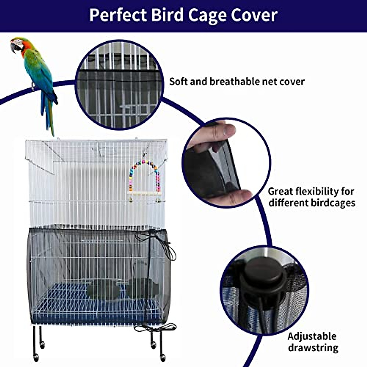 BKDMZZMY Bird Cage Seed Catcher, 2 Pack Large Bird Cage Covers, Birdcage Nylon Mesh with Swing Stretchy Shell Adjustable Drawstring Parrot Cage Skirt Traps Cage Soft Airy Net (White and Black)