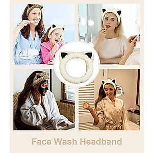 Huachi 2 Packs Cute Cat Spa Headband for Washing Face Makeup Skincare, Animal Headbands for Women Girls Trendy Stuff Gifts Soft Coral Fleece Facial Wash Hair Accessories (Beige+ Khaki)