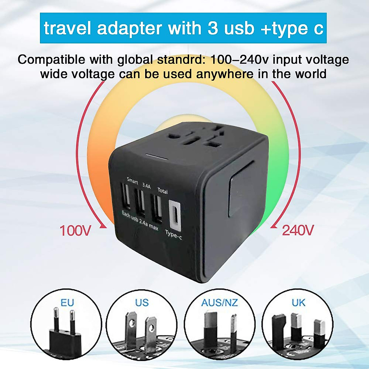 Universal Travel Adapter,All in One Universal Power Adapter for 150 Countries 3usb+Type C (Black)