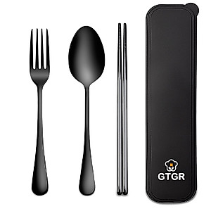 Portable Travel Utensils Set with Case 18/8 Stainless Steel Cutlery Set Include Fork Spoon and Chopsticks with Case Reusable Utensil Set for Work (Black)