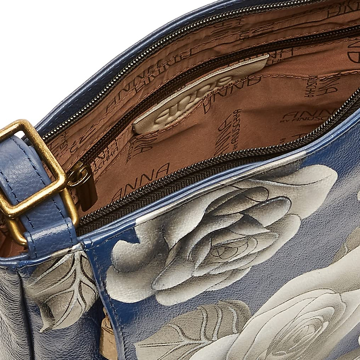 Anna by Anuschka Women's Anuschka Women s Genuine Leather Medium Crossbody Handbag Hand Painted Exterior Romantic Rose Bl, Romantic Rose Blue, One Size US