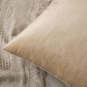 MIULEE Camel Beige Velvet Curtains Thermal Insulated Blackout Curtain Set of 2 and Pack of 2 Velvet Soft Solid Decorative Square Throw Pillow Covers 18 x 18 Inch Beige