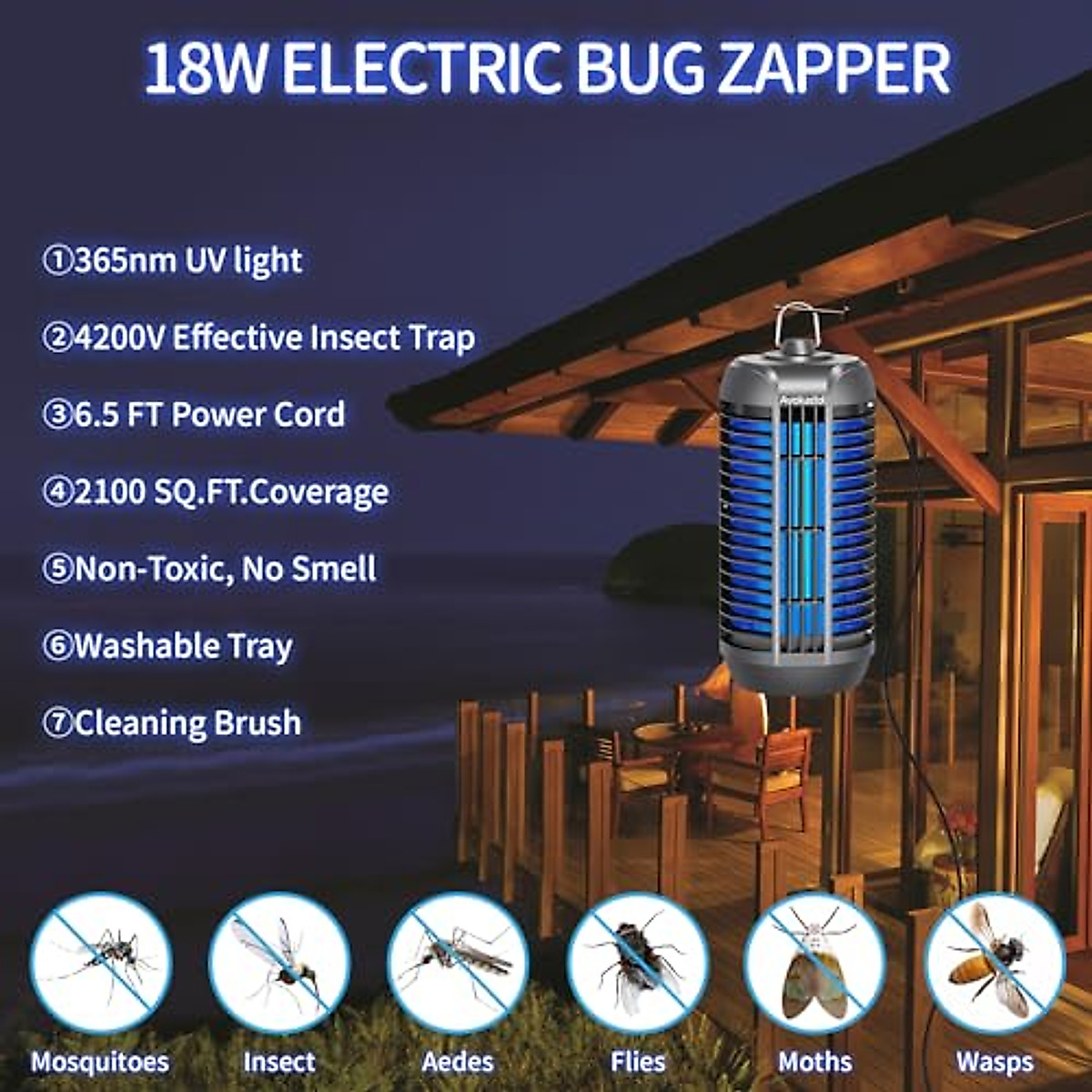Avokadol Bug Zapper Outdoor Indoor, 18W Bulb Mosquito Zapper with 6.5 FT Power Cord, 4200V High Powered Fly Trap Indoor for Home, Mosquito Trap Cover 2100 SQ.FT. -Ideal for Backyard, Garden, Patio.