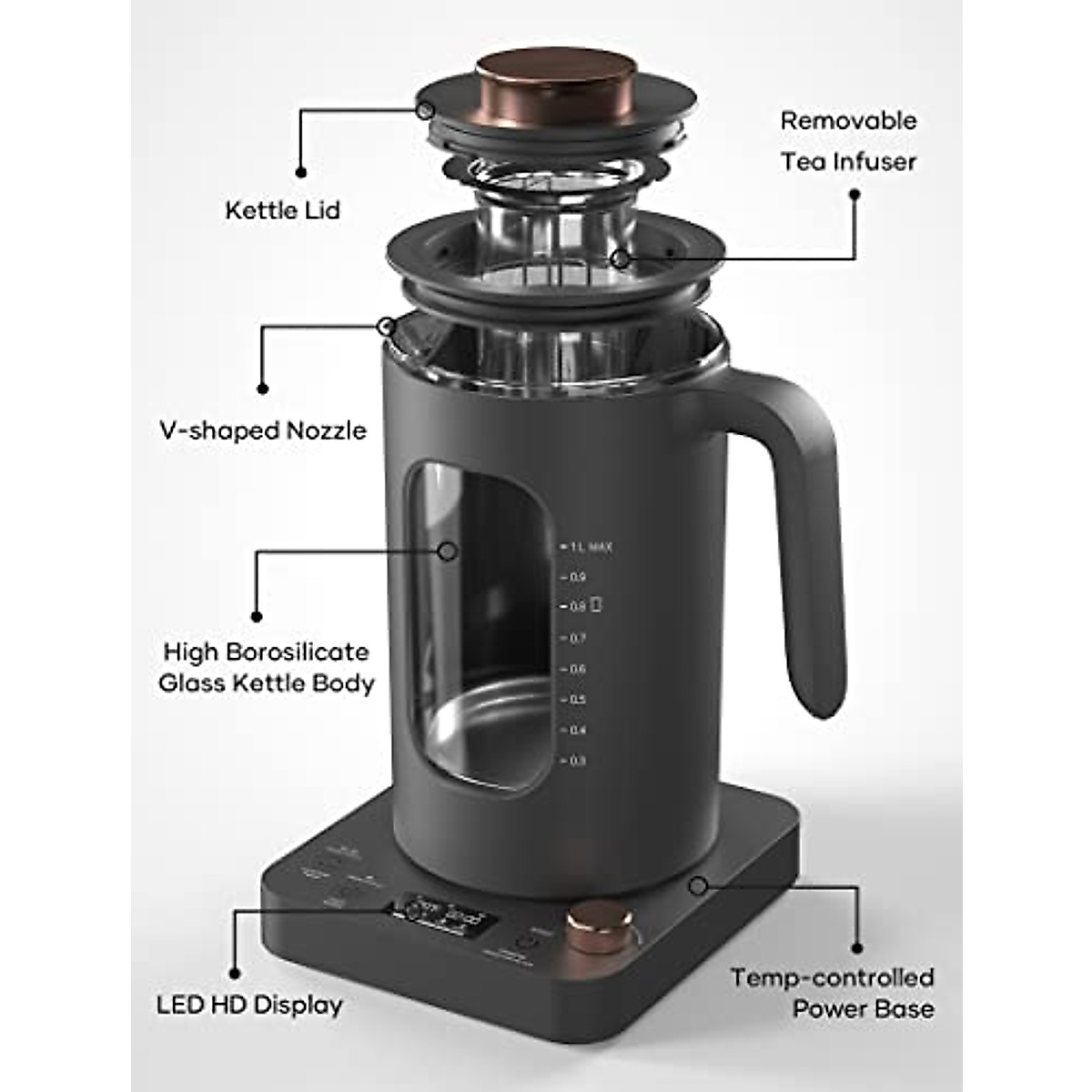 Electric Kettle, INTASTING Wide Opening Glass Kettle with Tea Infuser, 9 Smart Presets, Auto Memory, Mute, 1200W Fast Heating, BPA-Free, Easy to Clean, for Tea Bag, Dark Grey