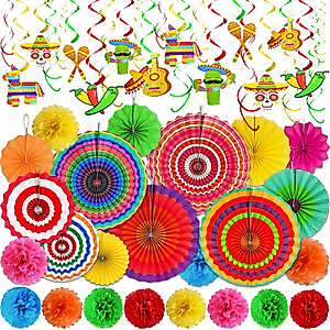 TURNMEON 48PCS Mexican Fiesta Party Decorations, Multicolor Hanging Fiesta Paper Fans Pom Poms Hanging Swirls for Day of the Dead Decorations Día de Muertos Decorations Mexican Taco Tuesday Photo Prop