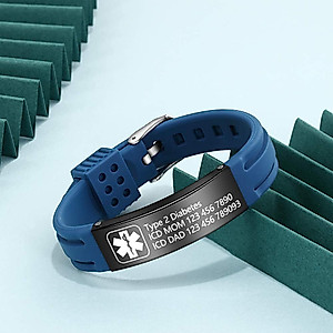 Fortheday Personalized Medical Alert Bracelets for Women Men Kids Adjustable Silicone Medical Bracelets Custom Waterproof Life Medical ID Bracelets Alert Bracelets (Deep Blue)