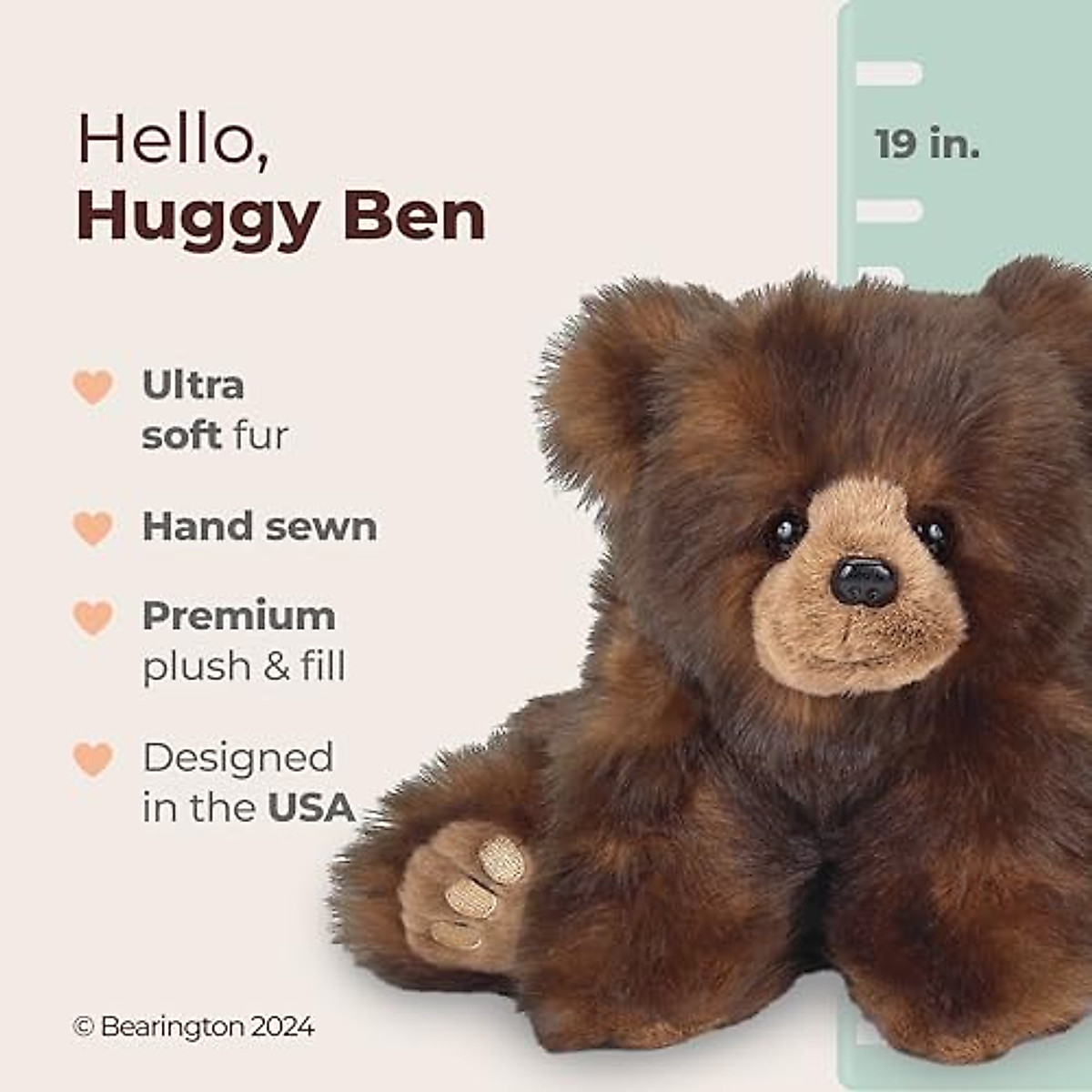 Bearington Huggy Ben Plush Stuffed Animal Brown Grizzly Bear, 19"