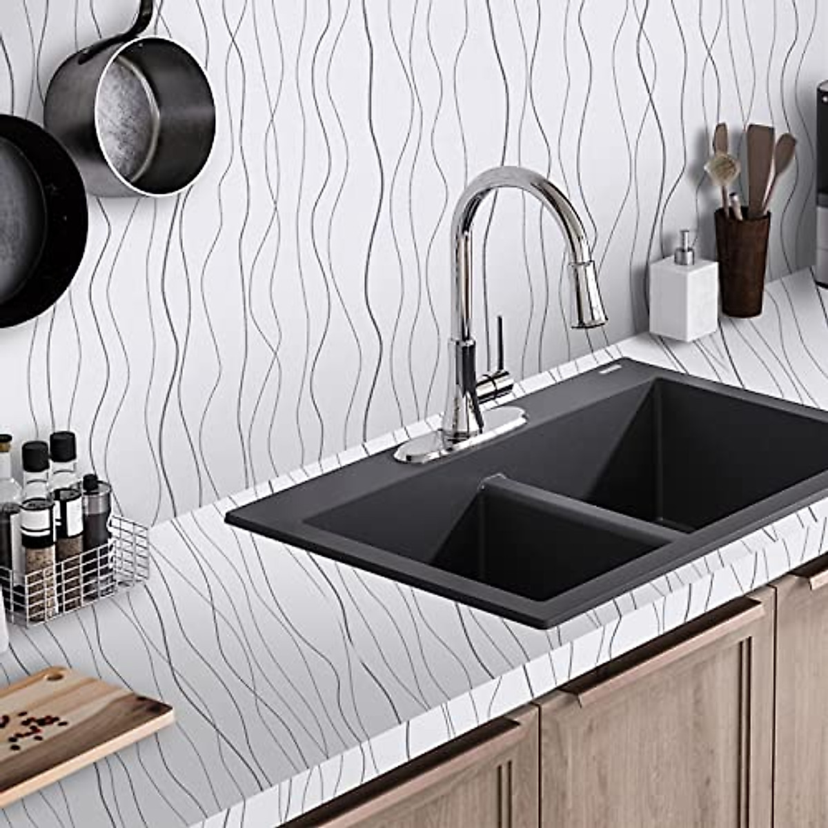 236.2"x17.7" White Peel and Stick Wallpaper Silver Modern Embossed Stripe Contact Paper Self Adhesive Removable Wave Wallpaper Perfectly Covers The Surface Not See Through Wall Covering Film1 …