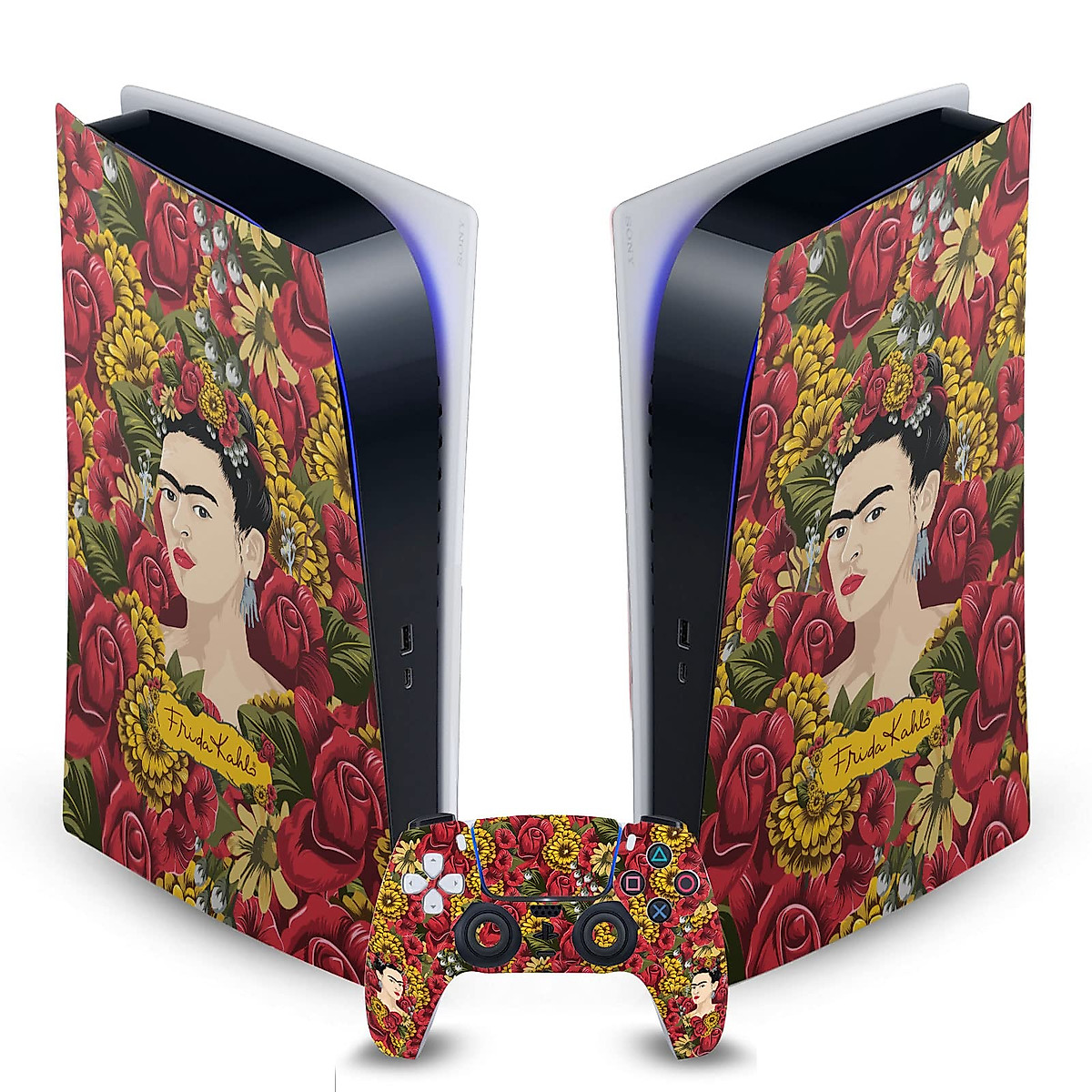 Head Case Designs Officially Licensed Frida Kahlo Portrait Pattern Floral Vinyl Faceplate Gaming Skin Decal Compatible With Sony PlayStation 5 PS5 Digital Edition Console and DualSense Controller