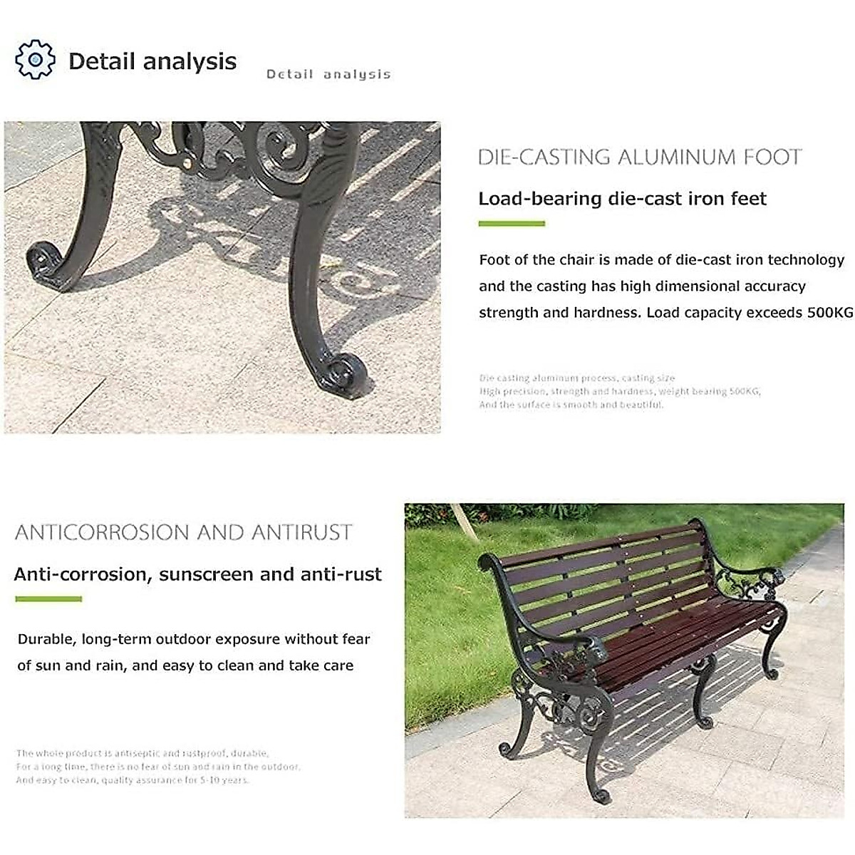 Outdoor Solid Wood Garden Park Bench for 2-3 People, Weatherproof Patio Lawn Bench Porch Seat with Cast Iron Frame, Porch/Deck/Patio Furniture Bench with Backrest and Armrests(Teak+Black Chair Legs,15