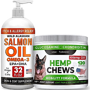STRELLALAB Hemp Treats and Glucosamine for Dogs + Salmon Oil Omega 3 for Dogs Bundle - Hip & Joint Supplement - Allergy Relief - Itch Relief, Shedding - Skin and Coat Supplement