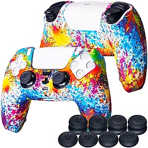 YoRHa Double-Side Transfer Printing Silicone Cover Skin Case for PS5 Controller x 1(Splashing Paint) with Thumb Grips x 8