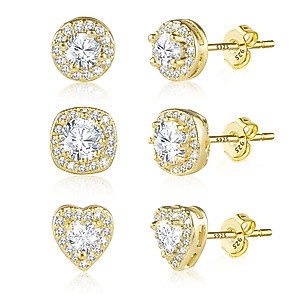 KISSPAT 14K Gold Plated Stud Earrings Set Halo Heart Round Cubic Zirconia Stud Earrings Pack Faux Diamond Studs for Women