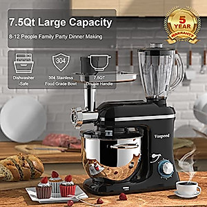 Vospeed 5 IN 1 Stand Mixer, 850W Tilt-Head Multifunctional Electric Mixer with 7.5 QT Stainless Steel Bowl, 1.5L Glass Jar, Meat Grinder, Hook, Whisk, Beater Dishwasher Safe - Black
