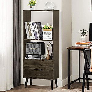 LELELINKY Open Bookshelf, 3 Tier Black Mid Century Modern Book Shelf with Drawers and Legs, Wood Bookcase with Storage Organizer Shelves for Bedroom, Living Room, Office