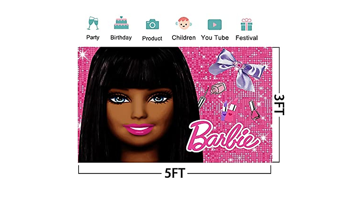 Black Barbie Backdrop 5x3ft | Birthday Party & Cake Decor