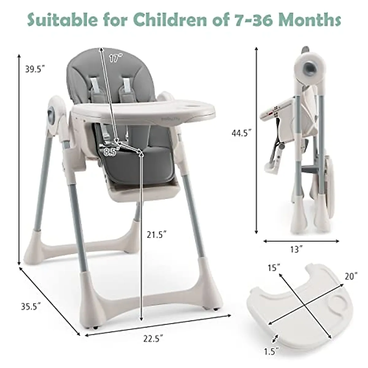 BABY JOY Convertible High Chair for Babies & Toddlers, Foldable Highchair with Adjustable Backrest/Footrest/Seat Height, Double Removable Tray, Detachable PU Cushion, Built-in Front Wheels (Gray)