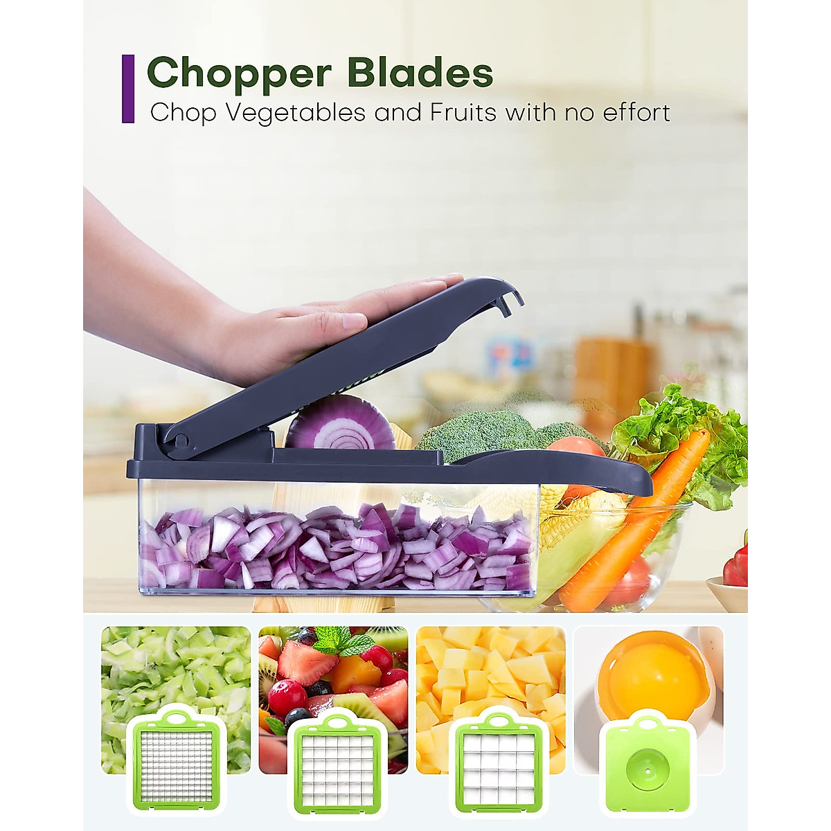 17-in-1 Vegetable Chopper with 9 Blades, Container and Drain Basket - For Veggies, Fruits, Onions, Potatoes, Carrots