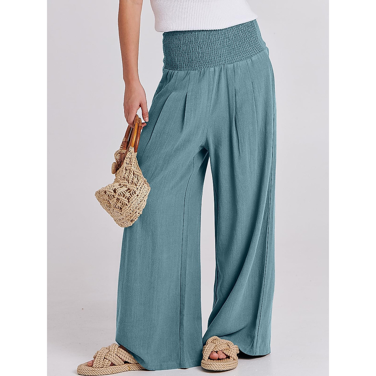 ANRABESS Women Linen Palazzo Pants Summer Boho Wide Leg High Waist Casual Lounge Pant 2025 Beach Travel Vacation Outfits Lake Small