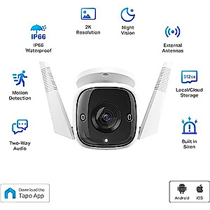 TP-Link Tapo 2K Security Camera Outdoor Wired, IP66 Weatherproof, Motion/Person Detection, Built-in Siren w/ Night Vision, Cloud/SD Card Storage, 2-Way Audio, Works w/ Alexa & Google Home (Tapo C310)