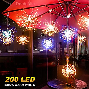 DenicMic Firework Lights 200 LED Copper Wire Starburst Light, 8 Modes Battery Operated Fairy Star Sphere Lights with Remote, Warm White Hanging Ceiling Decorations for Bedroom, Christmas, Party 2 Pack