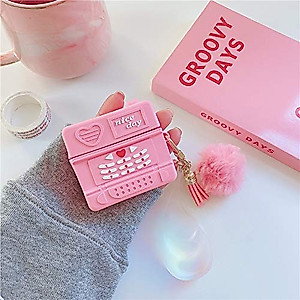 Cute Silicone Girly Pink Pro Clasic Retro Telephone Shaped Headphone Case Compatible with Airpods Pro and Airpod3 Headphones Funny Cover with Ball Pom Pom Keychian for Girls Women Best Gift