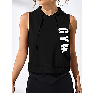 Verdusa Women's Letter Graphic Sleeveless Drawstring Sports Hoodie Workout Shirt Black L