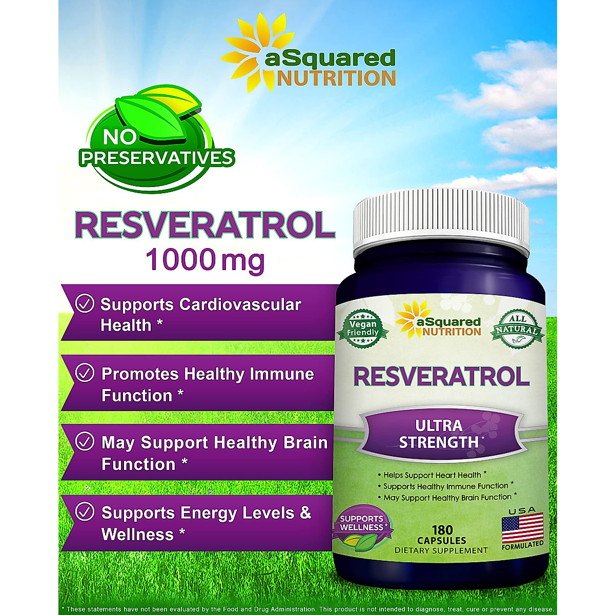100% Natural Resveratrol - 1000mg Per Serving Max Strength (180 Capsules) Antioxidant Supplement, Trans-Resveratrol Pills for Heart Health & Pure, Polyphenols