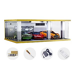 Sikivot 1/24 Scale Car Display Case,Car Model Toy with Parking Lot Scene, Die-cast Car Garage Display Case,2 Parking Space Acrylic Toy Garage with LED Light