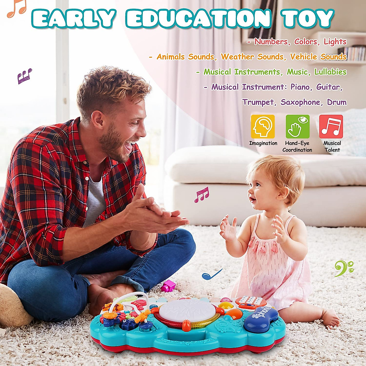 M SANMERSEN Baby Piano Toys 12 to 18 Months - Musical Toy for Toddlers 1 2 3 Years Old Light Up Babies Toy 6-in-1 Keyboard Piano Phone Drum Set Infant Toy Boys Girls First Birthday Gifts