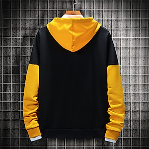 Maiyifu-GJ Men Patchwork Loose Fit Hoodie Pullover Color Block Hip Hop Hooded Sweatshirt Casual Long Sleeve Hoodies Outwear (Yellow,Medium)