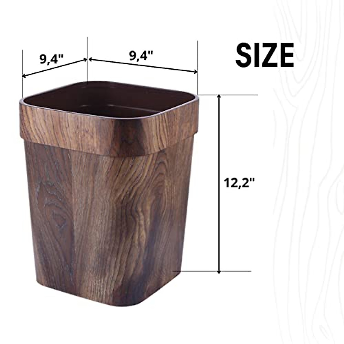 Square Waste Bins Hipsteen Retro Style Pressing Ring Plastic Trash Can Household Office Mimetic Wood Grain Garbage Bin Kitchen Outdoor Bedroom Bathroom Office Commercial Bin Waste Square Waste Basket