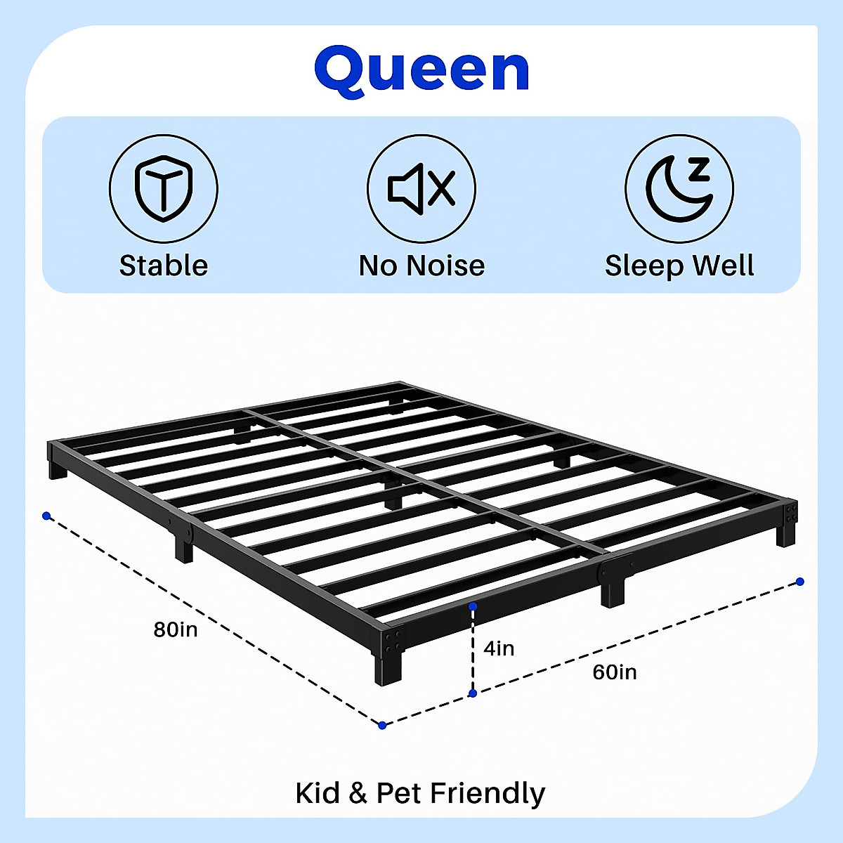 LECEVOCY Queen Bed Frame - 4 Inch Platform Low Bed Frame, 3600lbs Heavy Duty Metal Bed Frame, Queen Bed Frame No Box Spring Needed - Easy Assembly and Noise Free