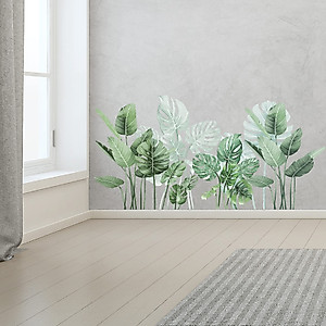 Tropical Green Plants Leaf Wall Stickers, ULENDIS Removable Nature Palm Tree Leaves Wall Decals, Creative Skirting Line Art Mural Decor for Kids Nursery Living Room Bedroom Kitchen