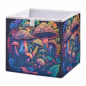 TecEr Mushrooms Pattern Foldable Fabric Cloth Strong Sturdy Storage Cube Basket Bins Organizer with Handles, For Home Shelf Closet And Toys Storage 11x11x11in