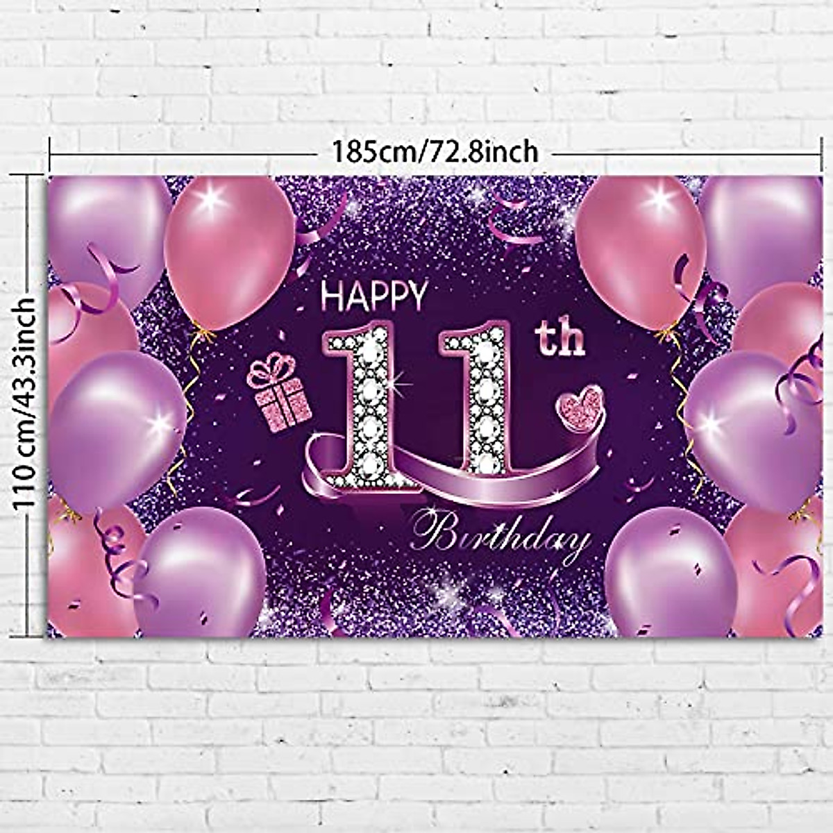 Happy Birthday Party Decorations, Large Fabric Happy 11th Anniversary Birthday Backdrop Photo Booth Background with Rope for Girls Birthday Party Favor Banner, 72.8 x 43.3 Inch, Pink Purple
