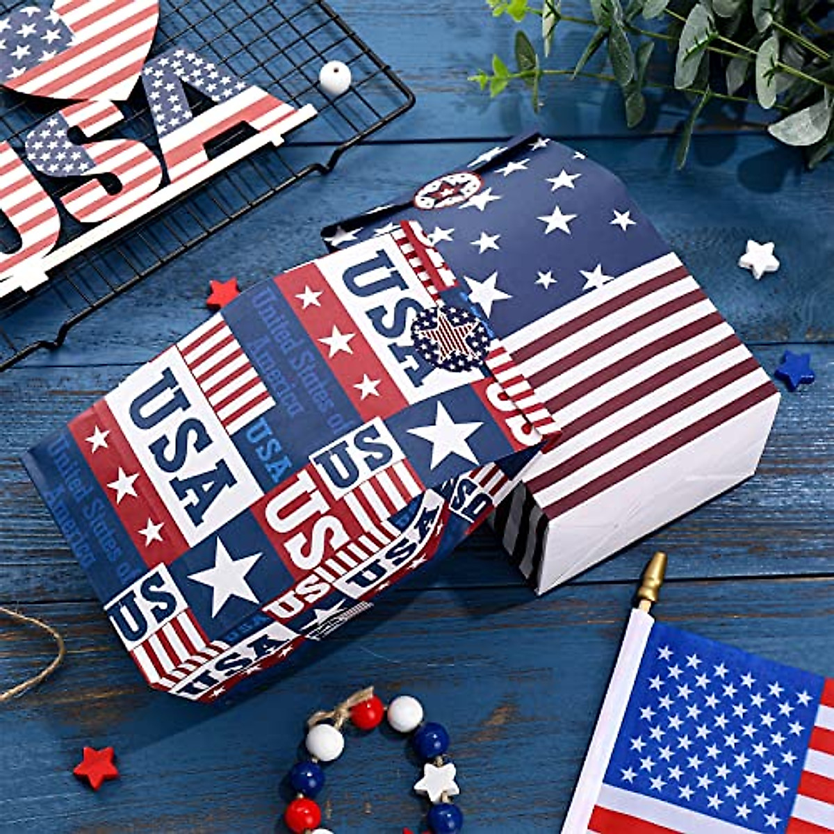 Whaline 36 Pack 4th of July Wrapped Treat Bags with Tag Stickers American Flag USA Party Favor Bags Patriotic Candy Bags Red Blue Kraft Paper Gift Bags for Independence Day Party Supplies Gift Wrap