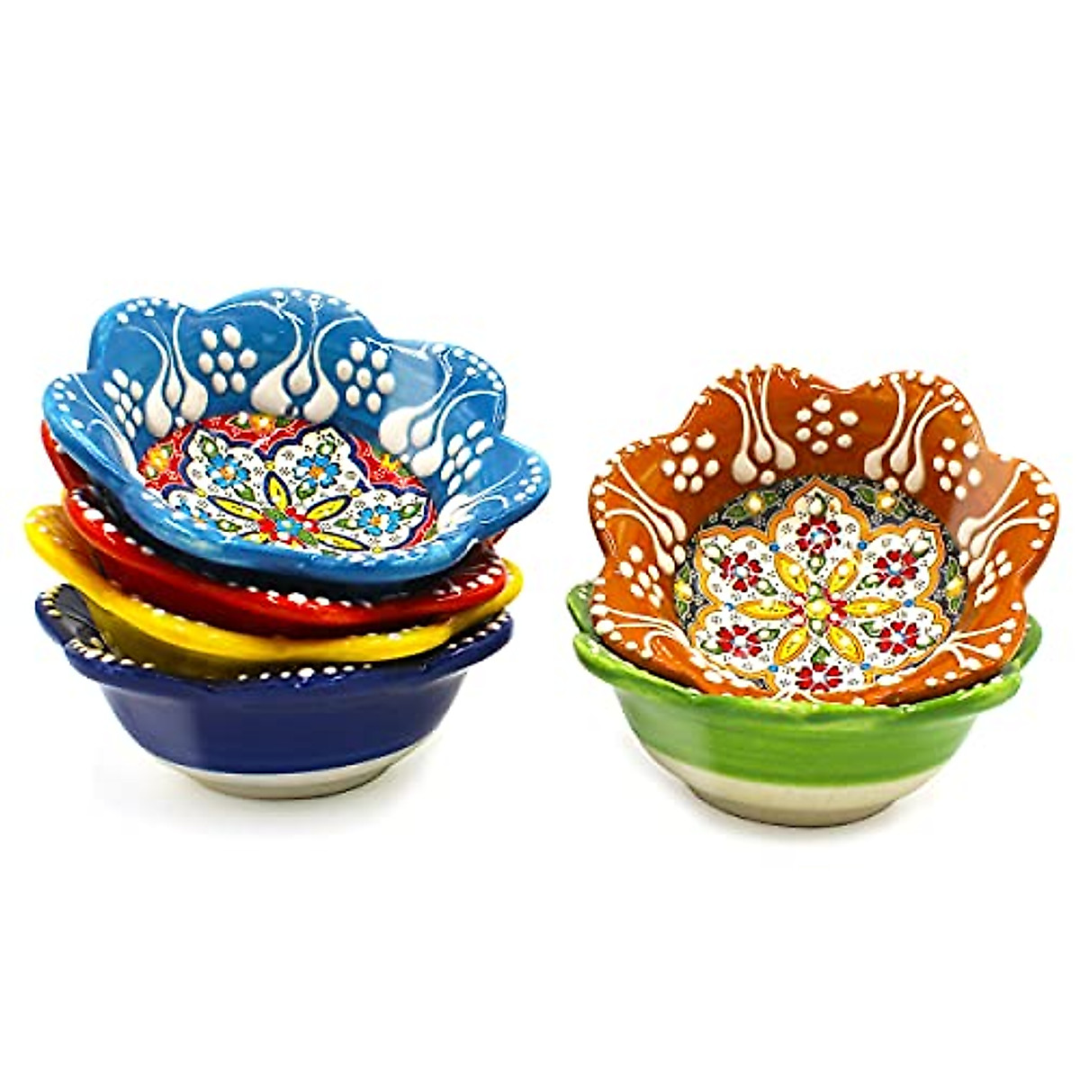 Silver Craft 6 Pcs Daisy Shaped Hand Painted Decorative Serving Turkish Tiny Bowls - Handmade Ceramic Bowl - Set of 6 (3.7 inc/9.5cm) 2.5 Oz Pinch Multicolor Small Serving Bowls - Best Gift Set
