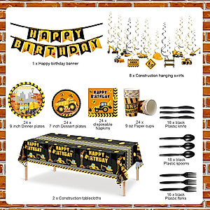 Ctosree 179 Pieces Construction Birthday Party Supplies Dump Truck Party Decorations for Boys Kids Included Banner Tablecloth Hanging Swirls Plates Cups Napkins Forks Spoons Knife Tableware Set for 24