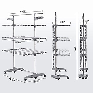 Clothes Drying Rack, 3-Tier Folding Rolling Laundry Drying Rack with Extendable Hanging Rods, Adjustable Wings, Rolling Wheels, Multifunctional Stainless Steel Garment Drying Racks for Indoor Outdoor