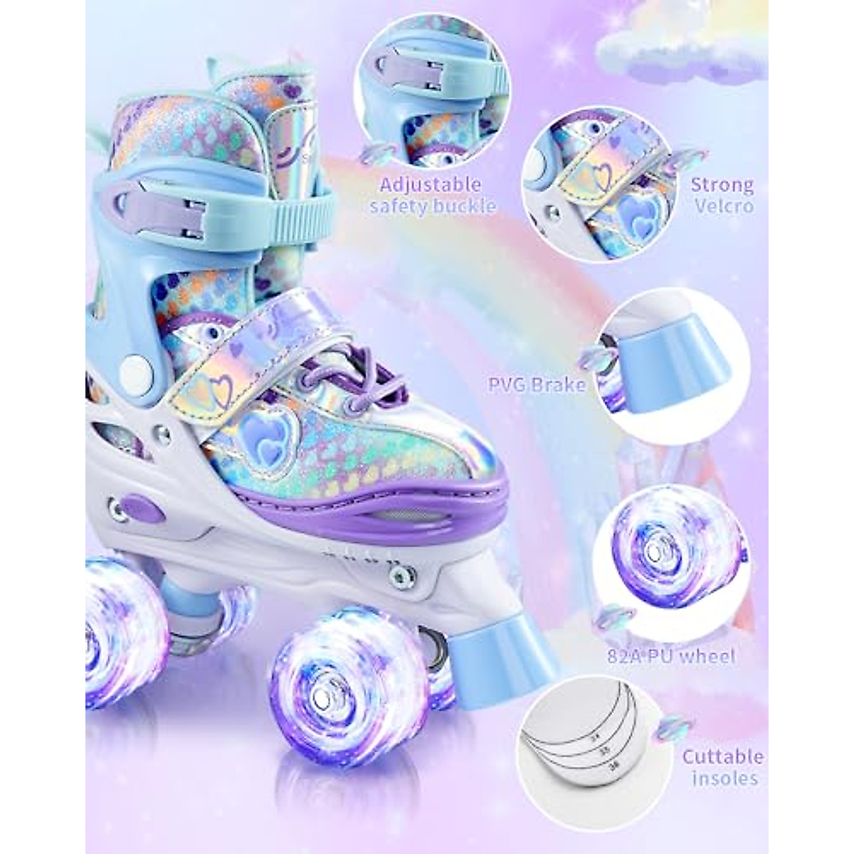 Sportneer Kids Roller Skates, 4 Adjustable Light up Roller Skates for Girls Boys Kids Toddlers Beginners, Kids Skates with Protective Gear Set Gift for Indoor & Outdoor Use