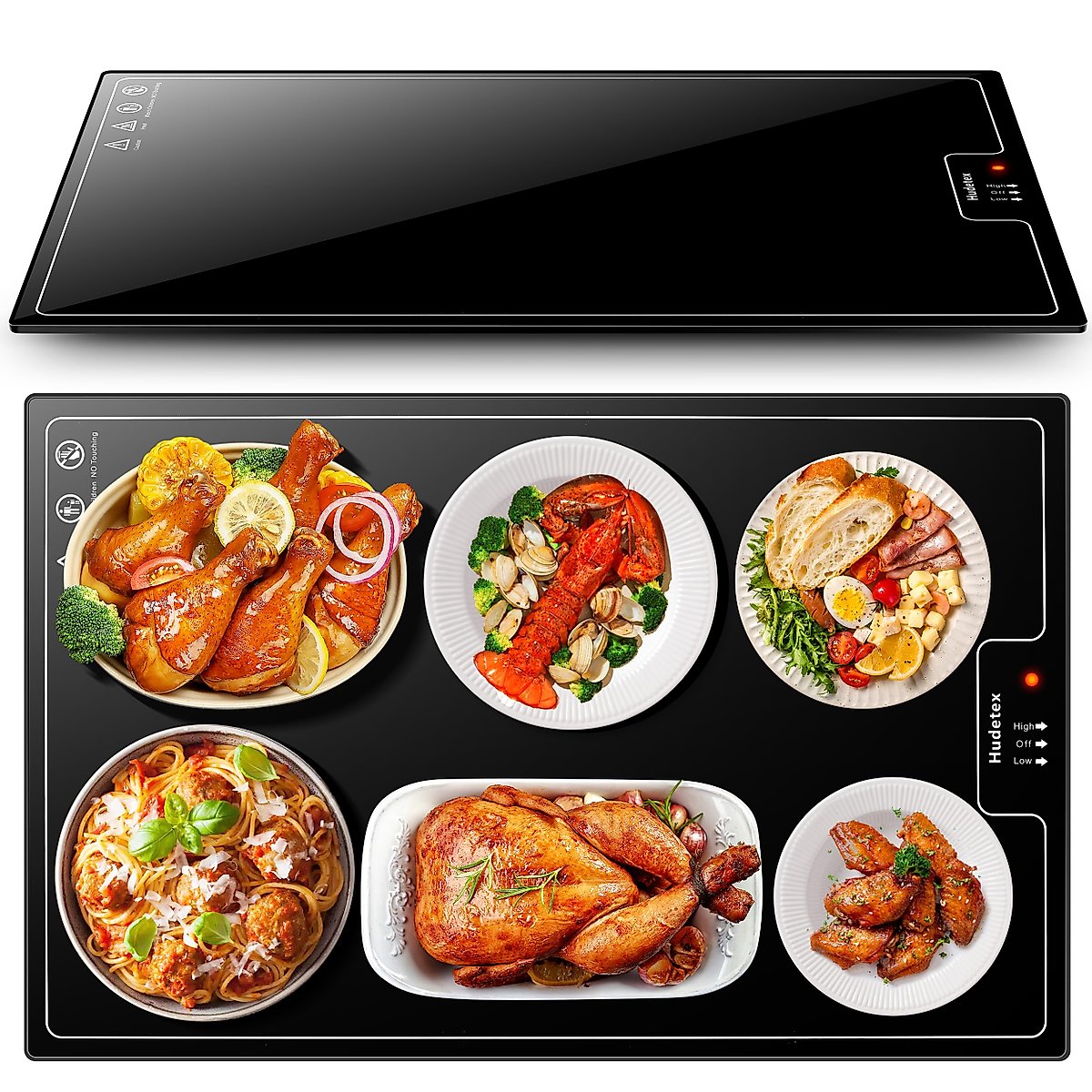 Electric Warming Tray（Large 22"x14"），Food Warmer with Thermostat and Full Surface Heating，Food Warming Mat with 2 Temperature Modes for Parties Buffet，Gatherings，Gold Edge Handles Warming Mat for Food