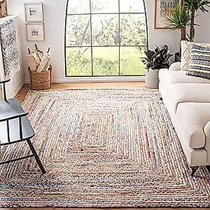 SAFAVIEH Cape Cod Collection Area Rug - 6' Square, Beige & Multi, Handmade Boho Braided Jute & Cotton, Ideal for High Traffic Areas in Living Room, Bedroom (CAP202B)