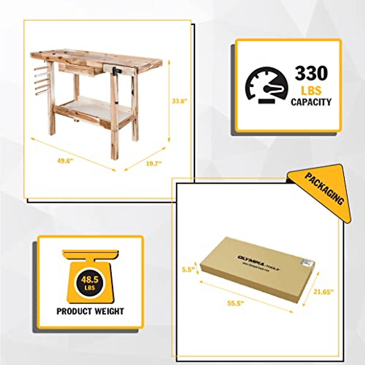 Olympia Tools 48-Inch Wood Workbench - 330 lbs Weight Capacity Wooden Workbench for Garage, Workshop and Home - New Acacia Wood