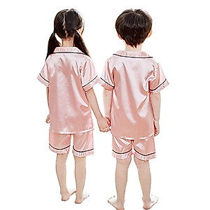 Digirlsor Little Boys Girls Short Satin Pajamas Set Classic Silk Pjs Toddler Kids 2 Piece Sleepwear Button-Down Short Sleeve Pink, Tag16/11-12 years/ Height 140-150cm