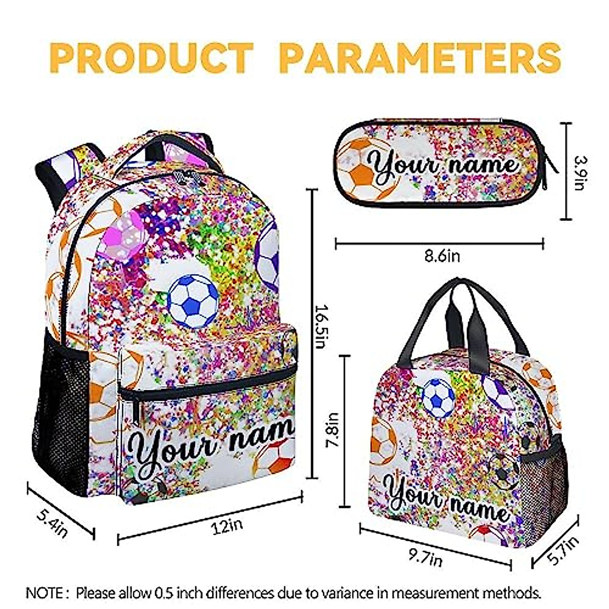 COOPASIA Personalized Soccer Backpack with Lunch Box And Pencil Case, 16 Inch Soccer Theme Bookbag with Adjustable Straps, Lightweight, Durable, Large Capacity, School Backpack for Girls Boys