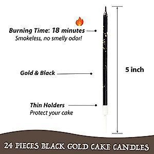 APLUSELECTION 24 Count Black Gold Long Thin Birthday Candles for Cake, Black Cake Candles Decoration for Birthday Parties, Wedding Decorations, Party Candles