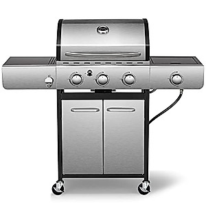 R.W.FLAME 34,000 BTU Propane Gas Grill with 3-Burner,BBQ Grill with Side Burner and Cast Iron Grates Stainless Steel Grill 486 sq. in Grilling Areas for Patio Garden Barbecue Camping,Silver